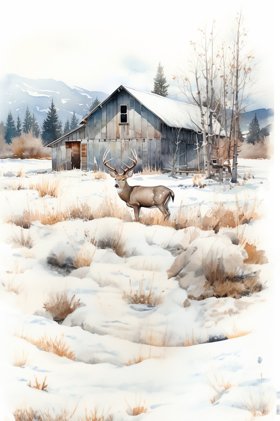 Winter Barn, Christmas Printable Wall Art, Portrait Wall Art Print ...