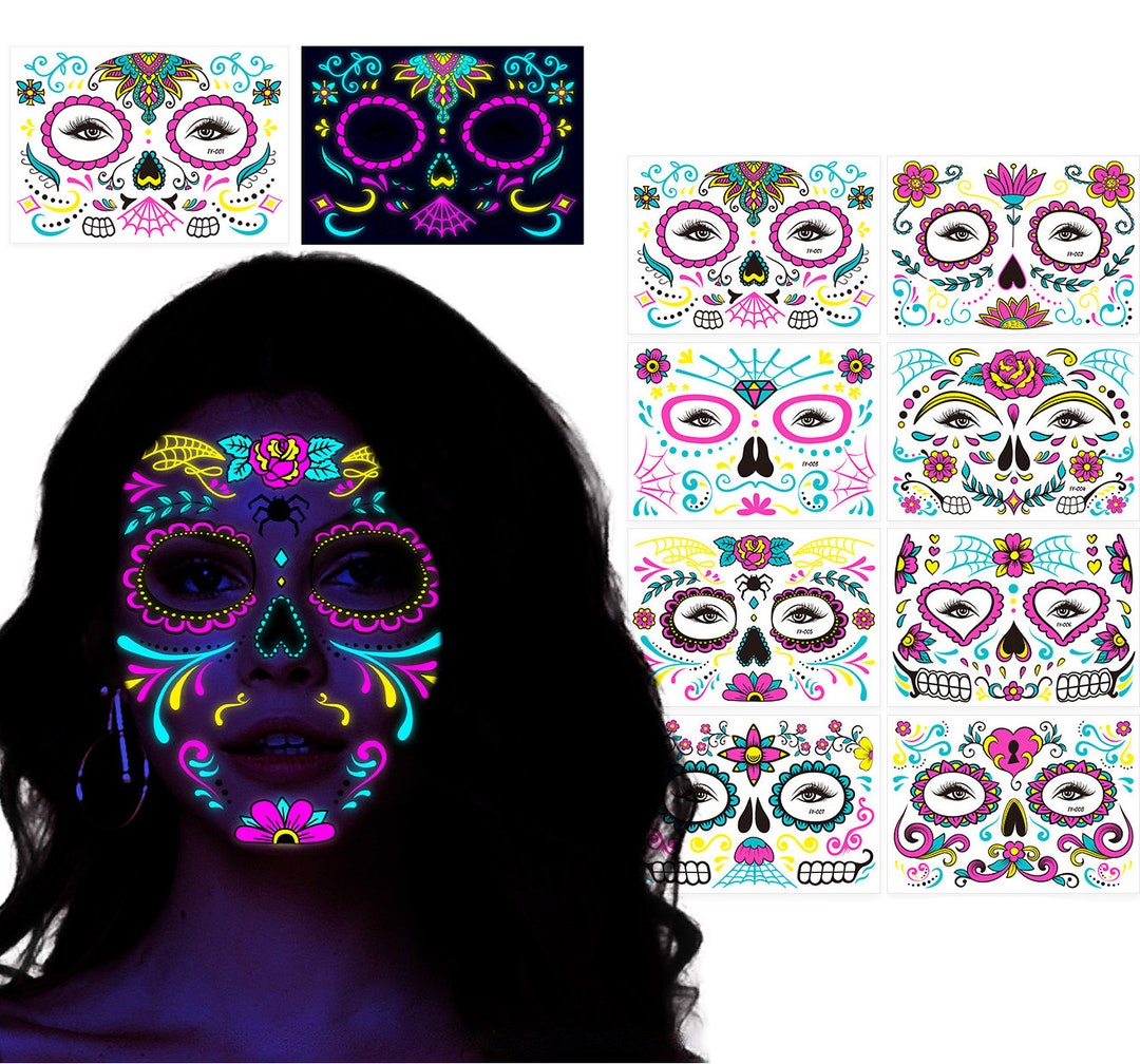 8 Sheets Fluorescent Day of the Dead Temp Face Tattoos - Etsy