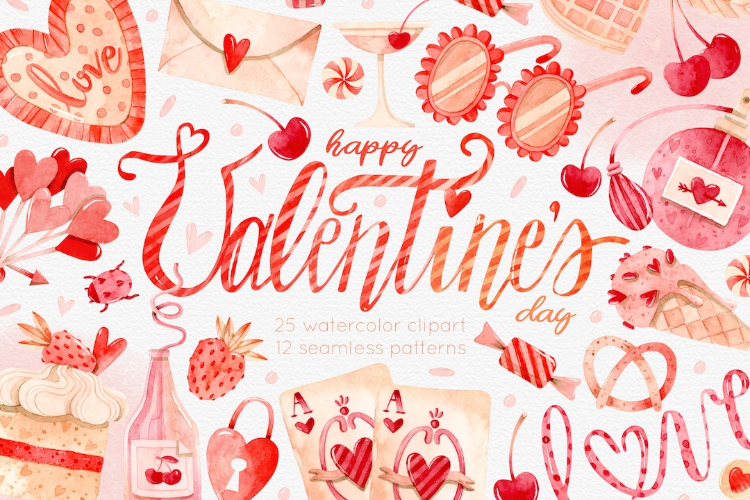 Retro Valentine's Day Pink Watercolor Clipart and Patterns PNG - Etsy