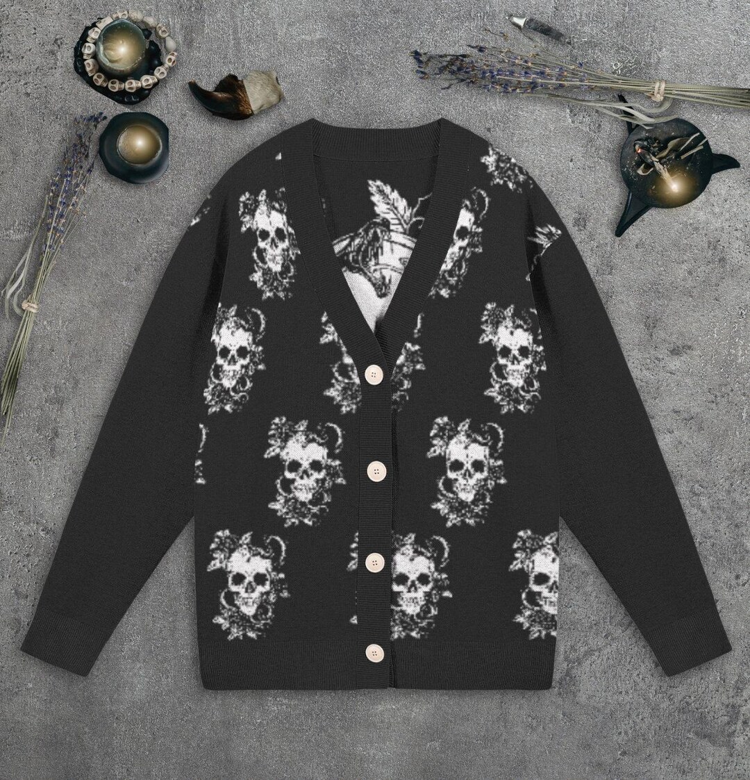 Dark Gothic Skull Illustration Jacquard Knit Cardigan Halloween ...