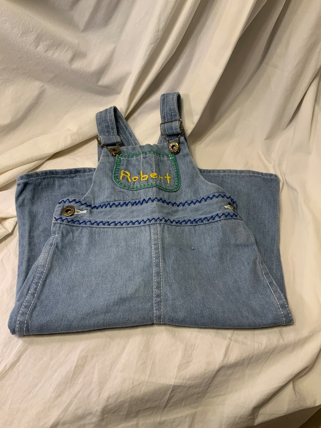 Vintage 1970s Denim Overalls Baby Toddler Overalls With Embroidered Design and the Name Robert ...