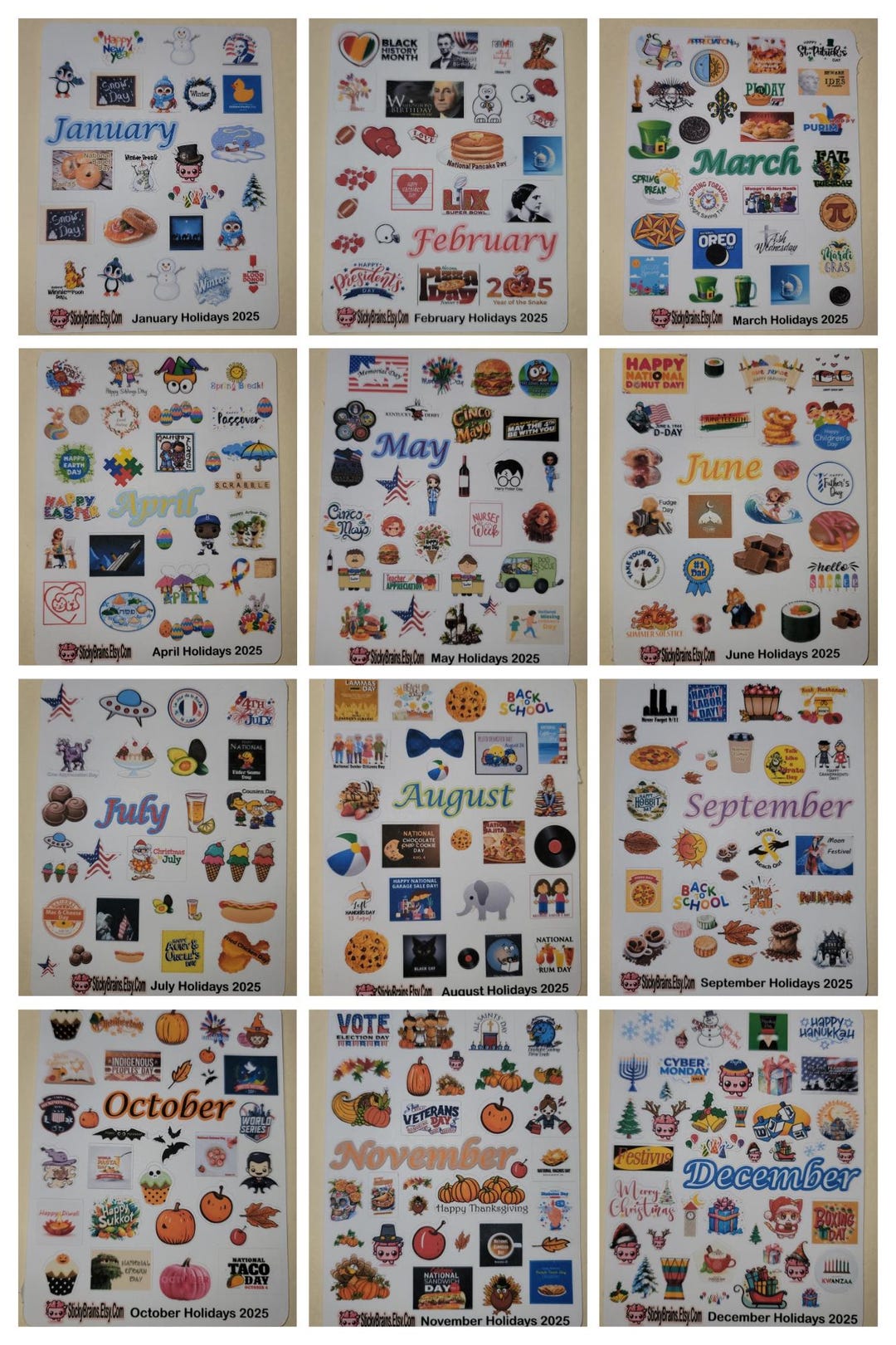 12 Month Holiday Planner Sticker Set Full Year 12 Sheets or Individual ...