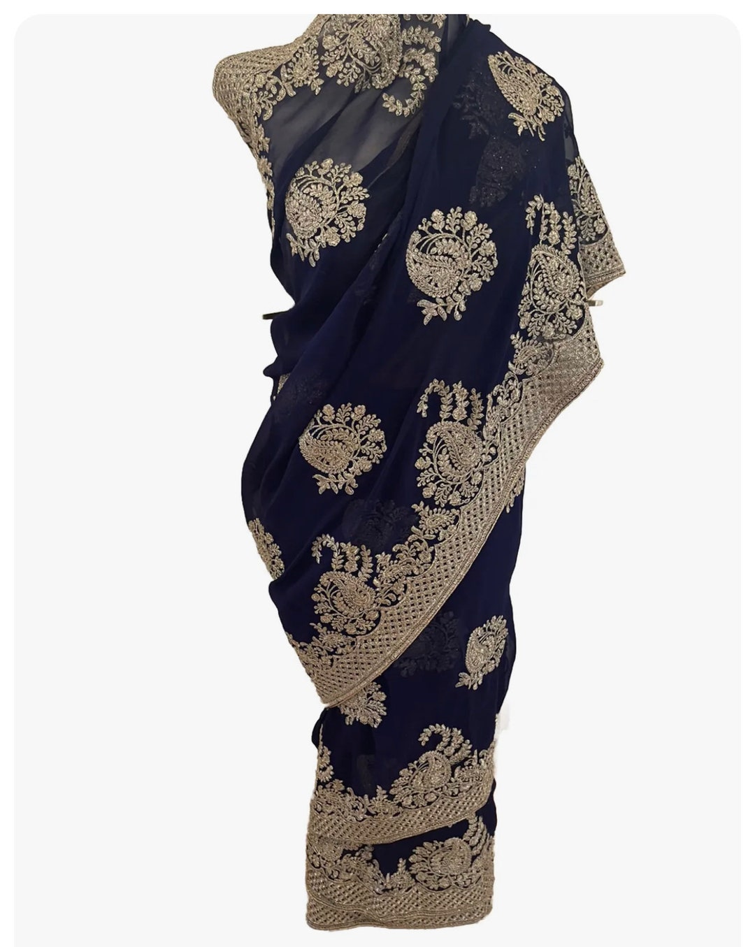 Sari in Navy Gold Embroidery - Etsy