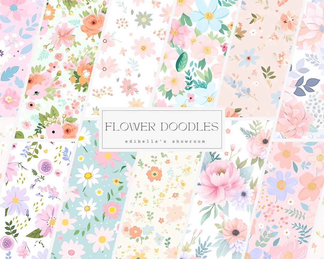 Flower Doodles 2 | Set of 12 | Seamless Digital Paper Bundle | 300 DPI ...