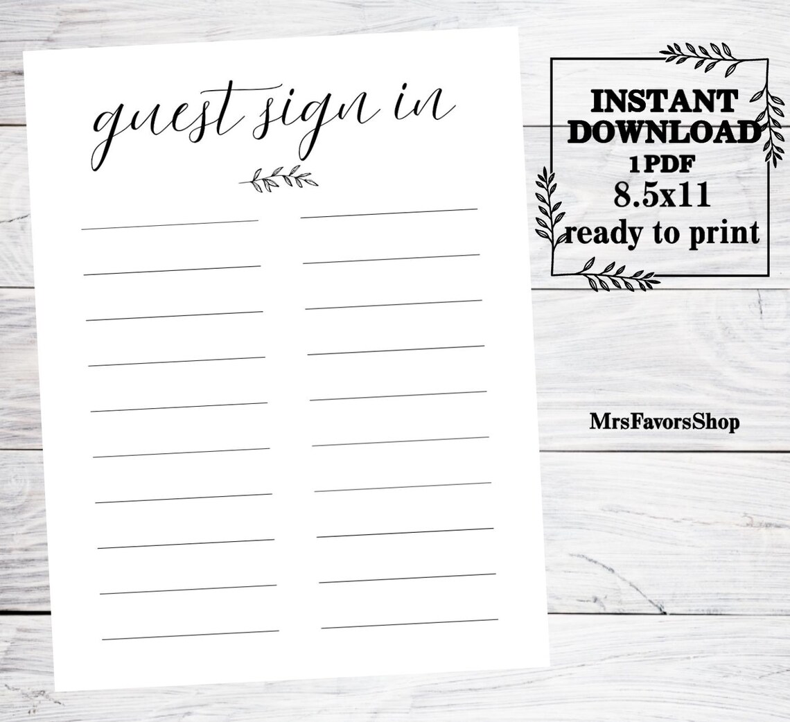 Guest Sign in Sheet Digital Instant Download 8.5x11 Page - Etsy