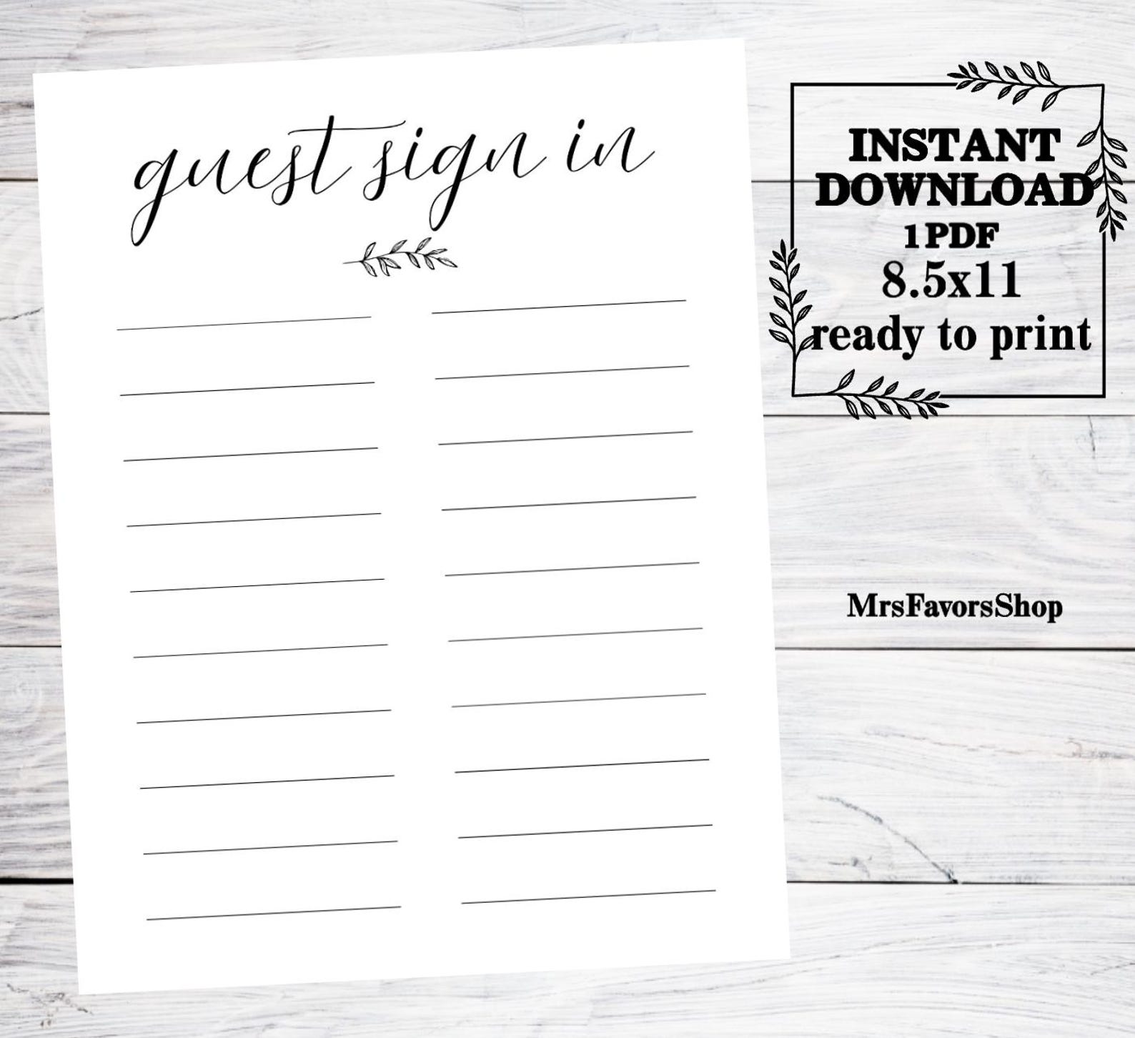 Guest Sign in Sheet Digital Instant Download 8.5x11 Page - Etsy