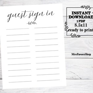 Guest Sign in Sheet Digital Instant Download 8.5x11 Page - Etsy
