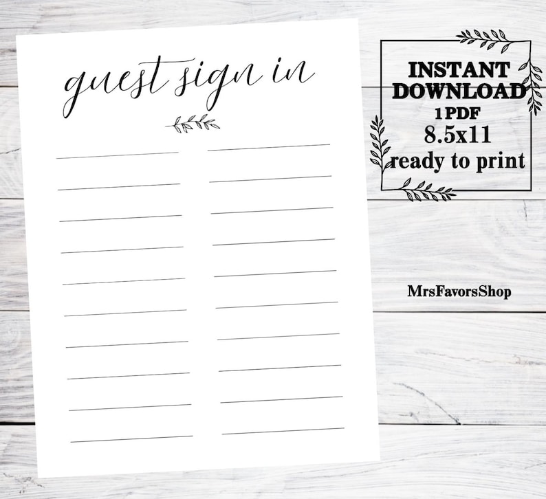 Guest Sign in Sheet Digital Instant Download 8.5x11 Page - Etsy
