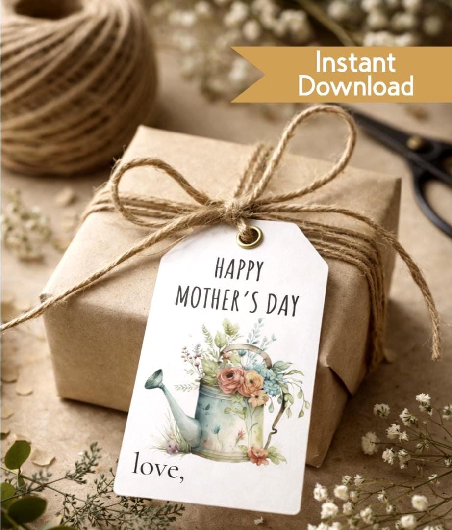 Mother's Day Gift Tag Printable, Floral Watering Can Design, Instant ...