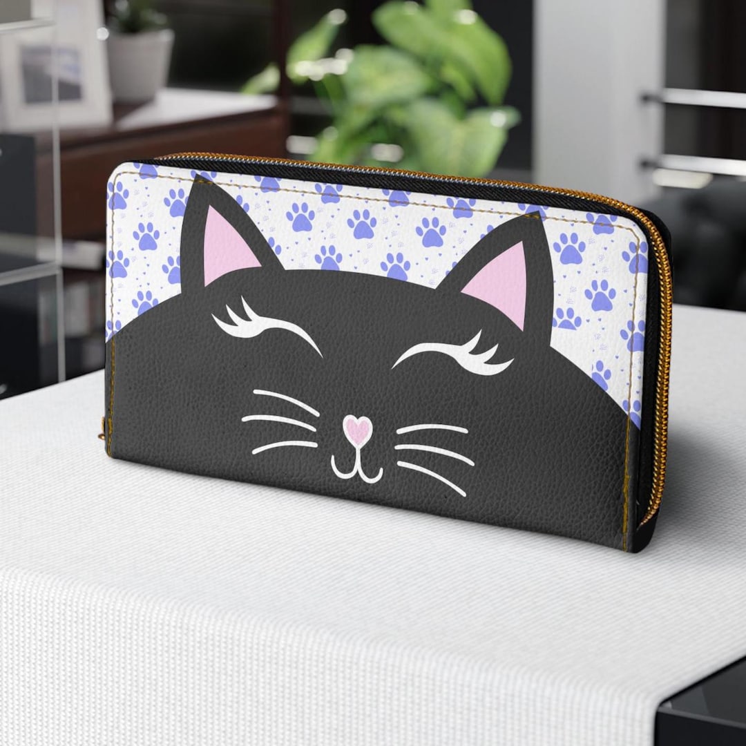 Cat Face Periwinkle Paw Prints Zipper Wallet, Cute Cartoon Cat Lover ...
