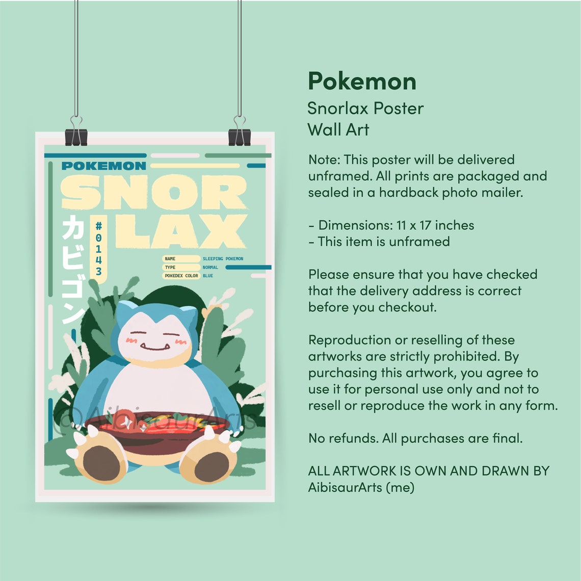 Snorlax Pokemon Poster Pokemon Wall Art Snorlax Art Physical Art Print ...
