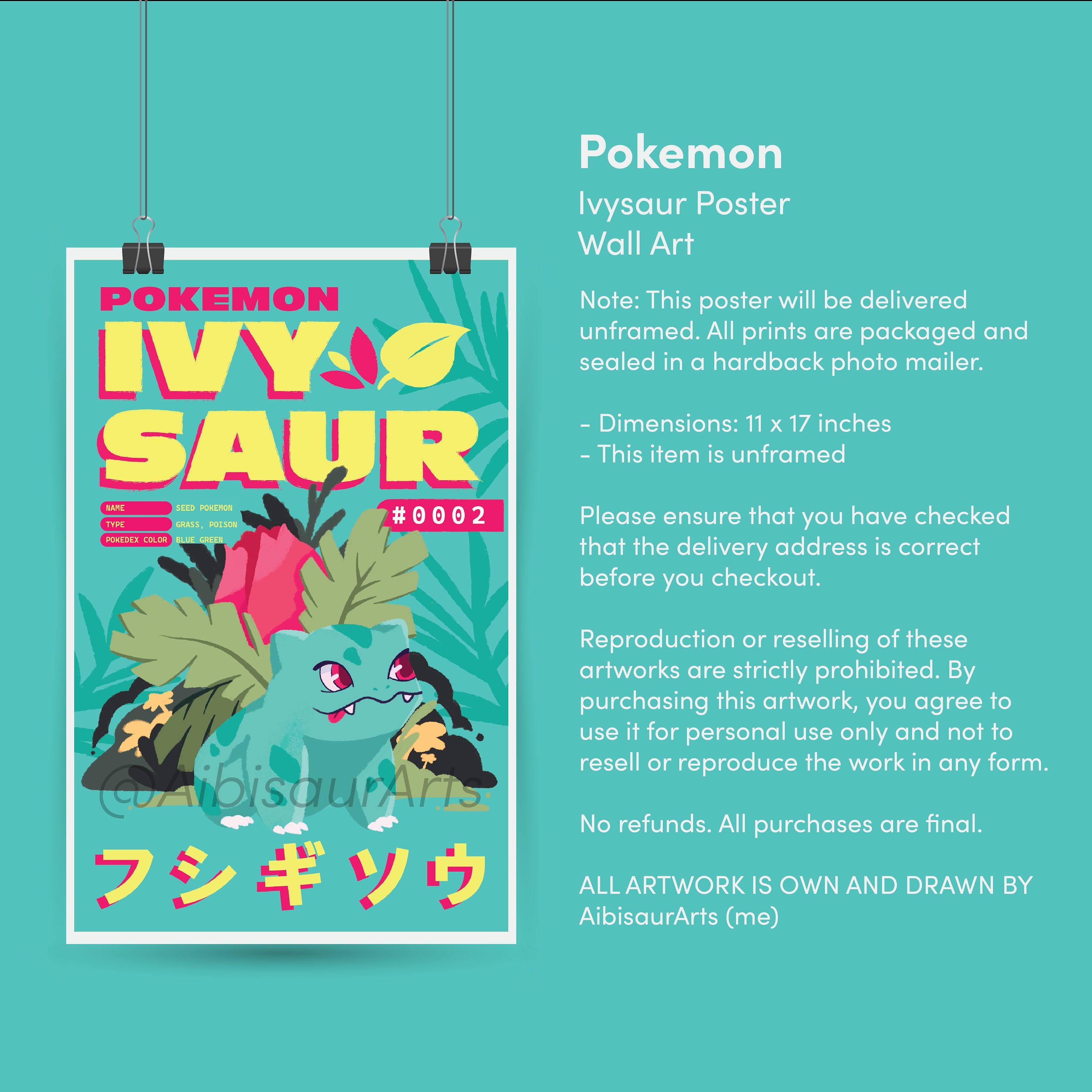 Ivysaur Pokemon Poster Pokemon Wall Art Ivysaur Art Physical Art Print ...