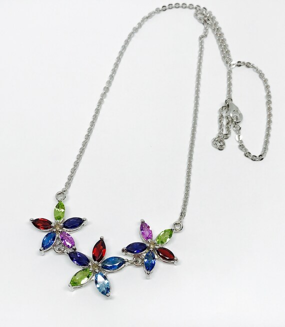 Multi gems floral necklace in silver with natural Aqu… - Gem