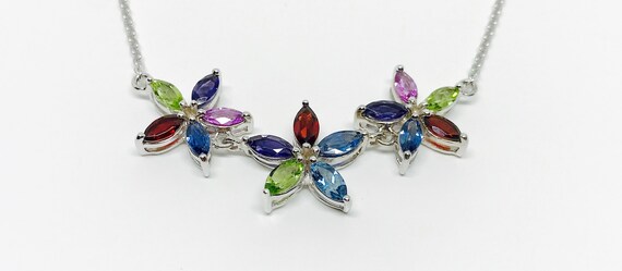 Multi gems floral necklace in silver with natural Aqu… - Gem
