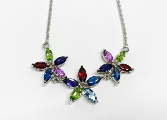 Multi gems floral necklace in silver with natural Aqu… - Gem