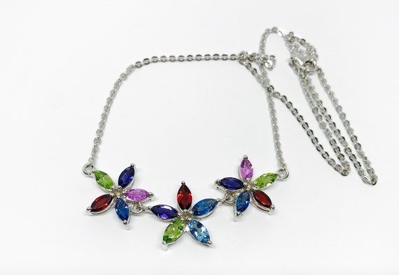 Multi gems floral necklace in silver with natural Aqu… - Gem