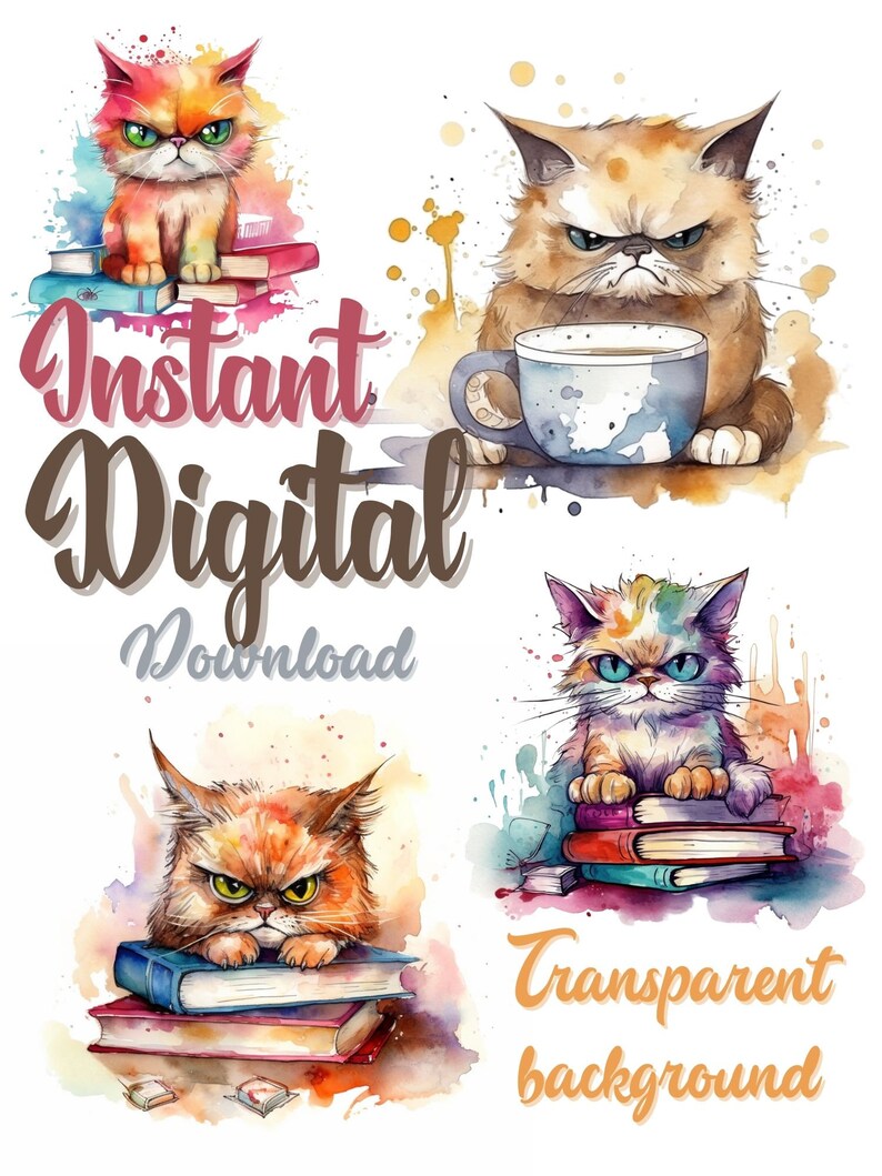 15 Watercolor Angry Cat Clipart, Grumpy Cat, Cool Cats, Instant ...