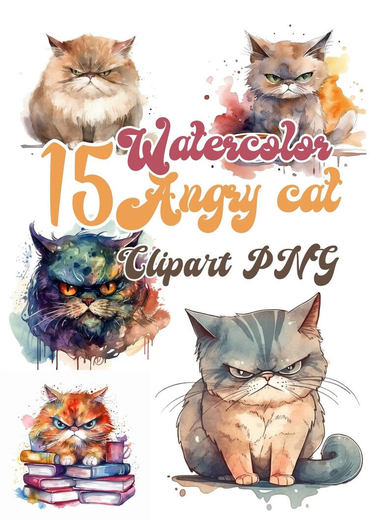 15 Watercolor Angry Cat Clipart, Grumpy Cat, Cool Cats, Instant ...