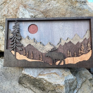 Moose Mountain Scene / Mountain Wood Art / Boho Decor / Housewarming ...