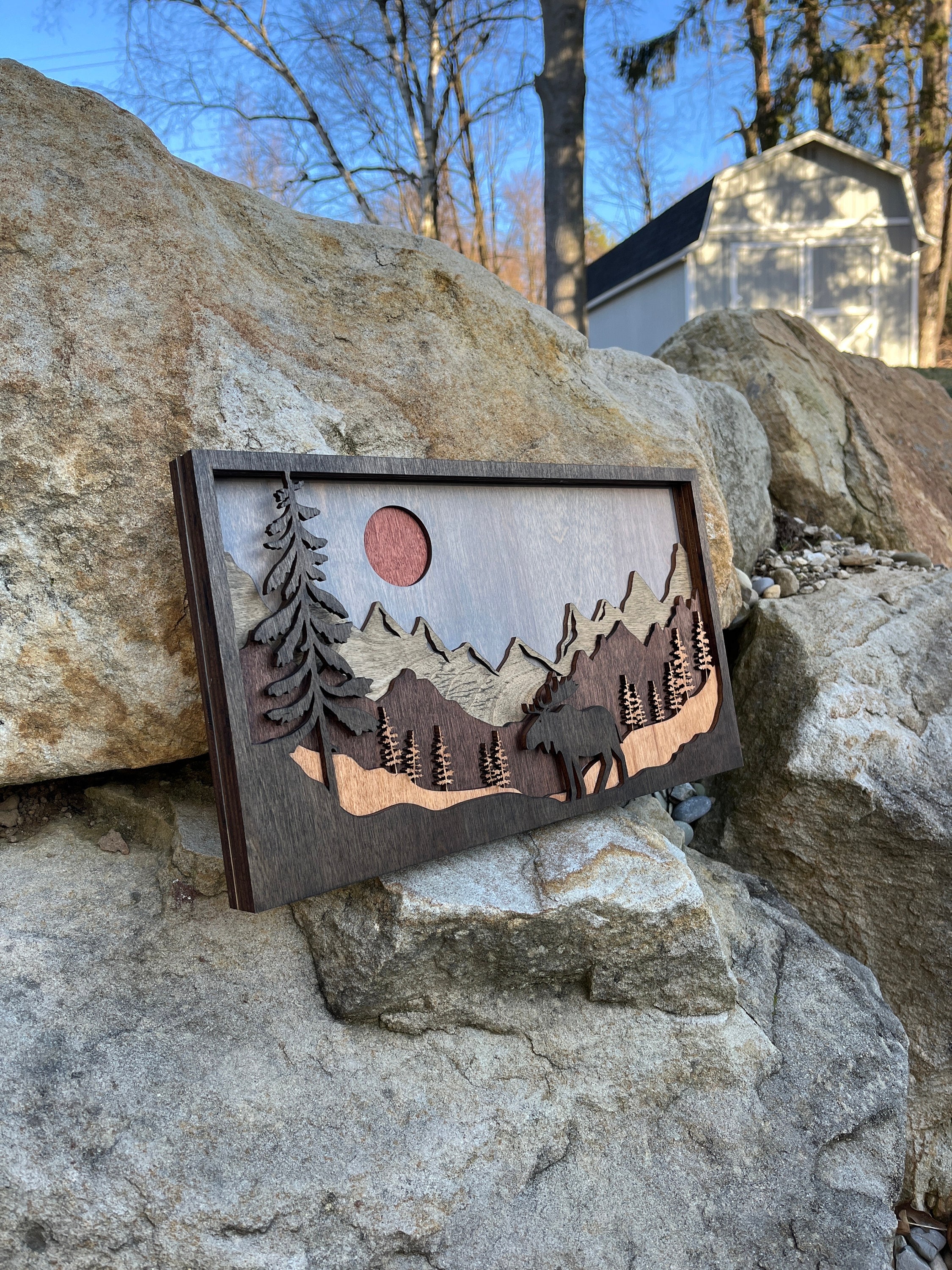 Moose Mountain Scene / Mountain Wood Art / Boho Decor / Housewarming ...