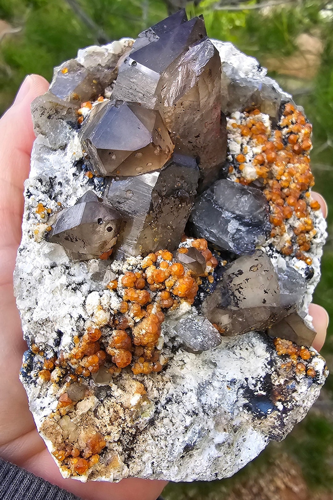 Rare Orange Spessartine Garnets With Smoky Quartz Points on Feldspar ...