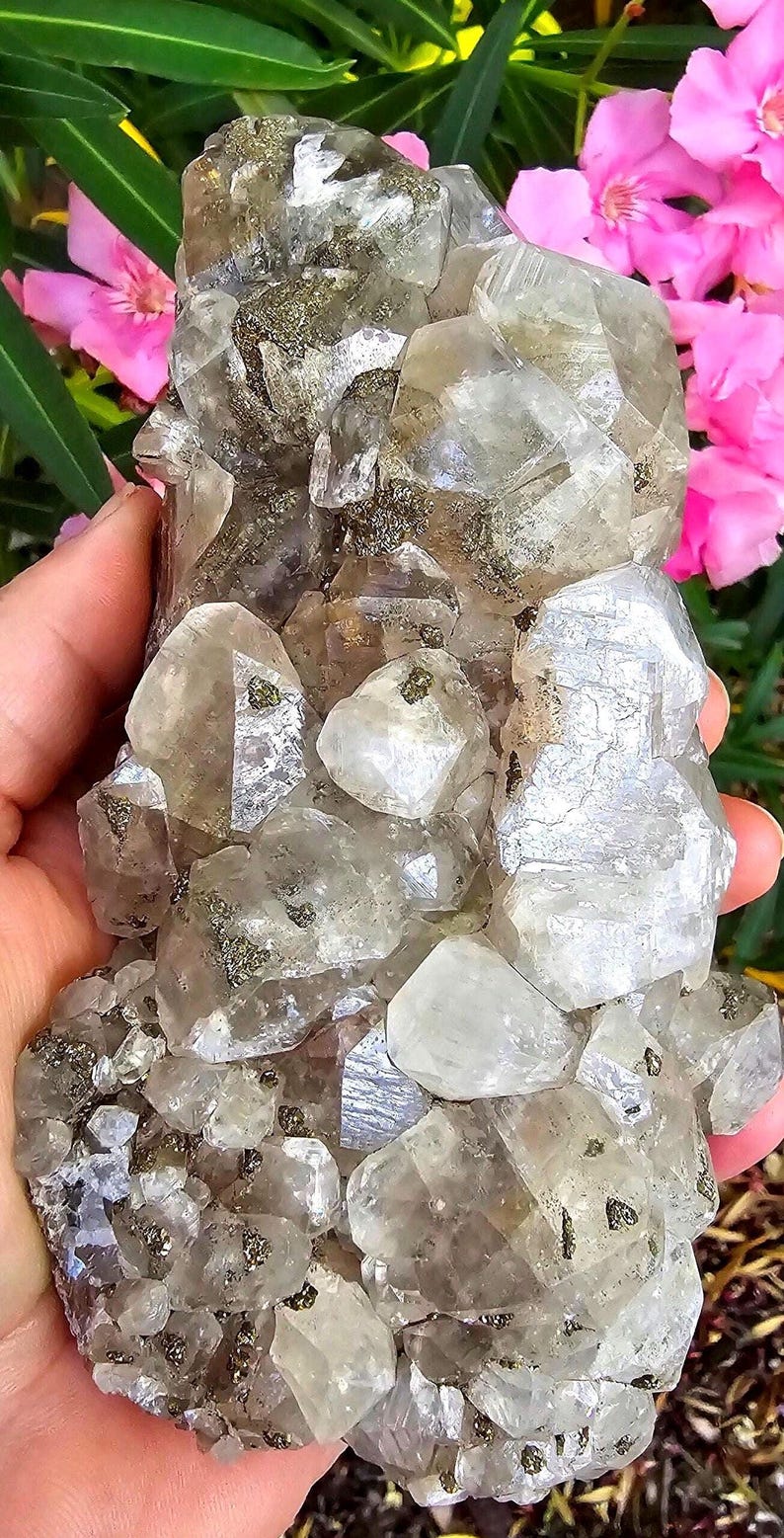 Benz Calcite & Chalcopyrite | Pink Hues | Triangular Chalcopyrite Druse ...