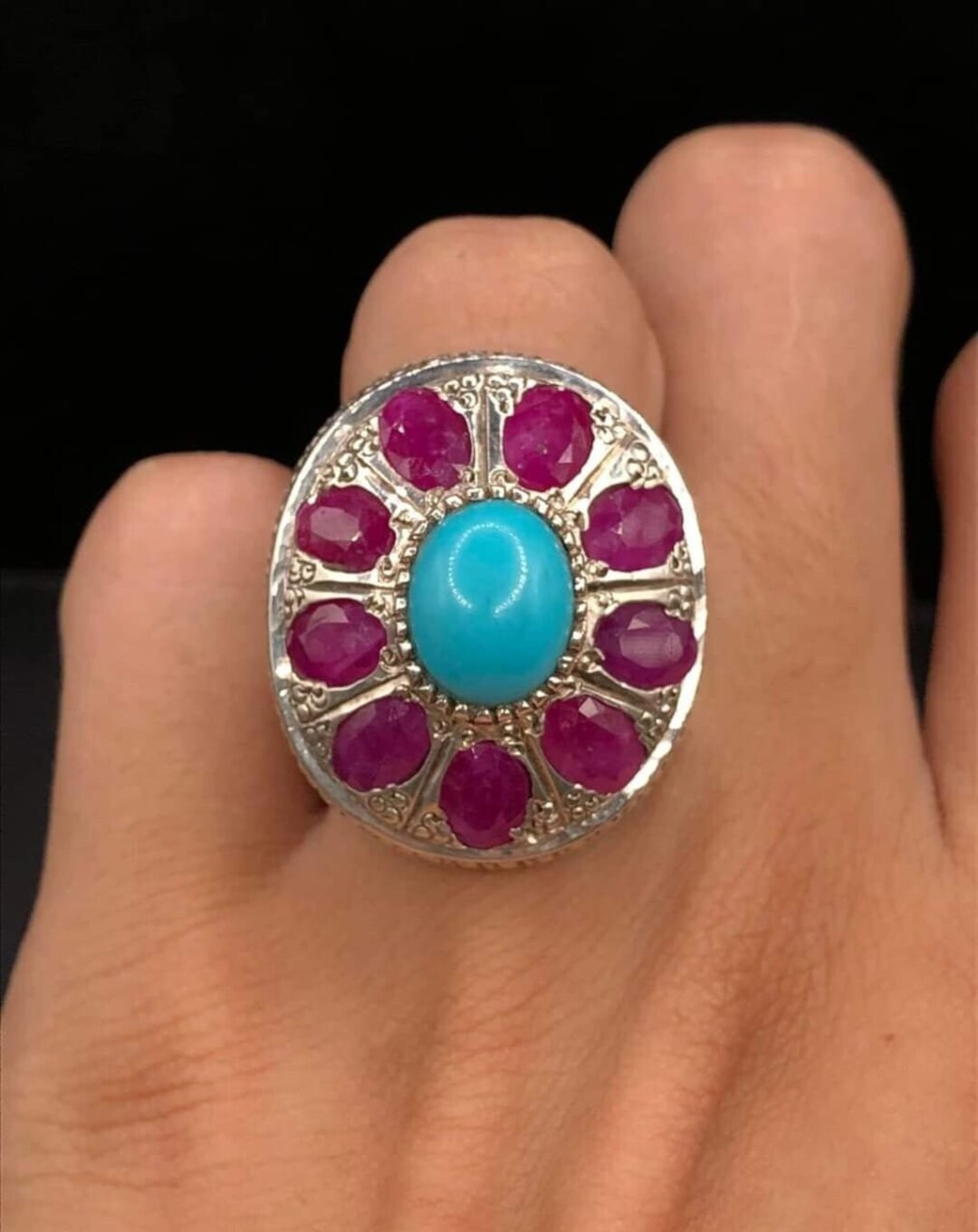 9 Carat Ruby Turquoise Bold Mens Ruby Turquoise Ring Art Deco Sterling ...