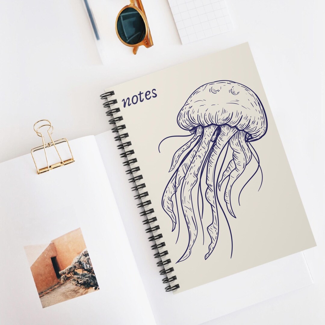 Blue Jellyfish Aesthetic Spiral Notebook, Vintage Tattoo Sea Animal ...