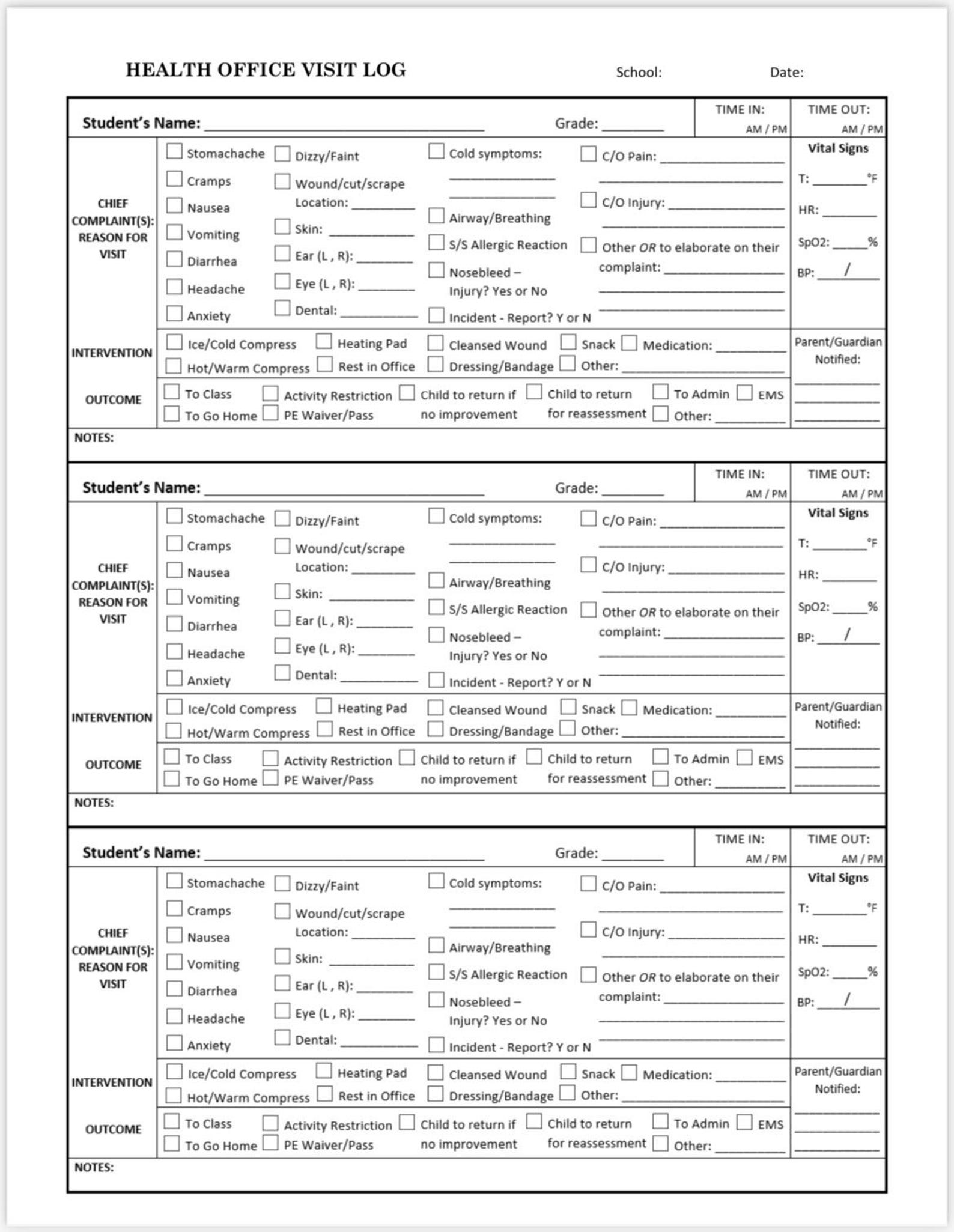 School Nurse / Health Office Log Sheets PDF Download Documentation ...