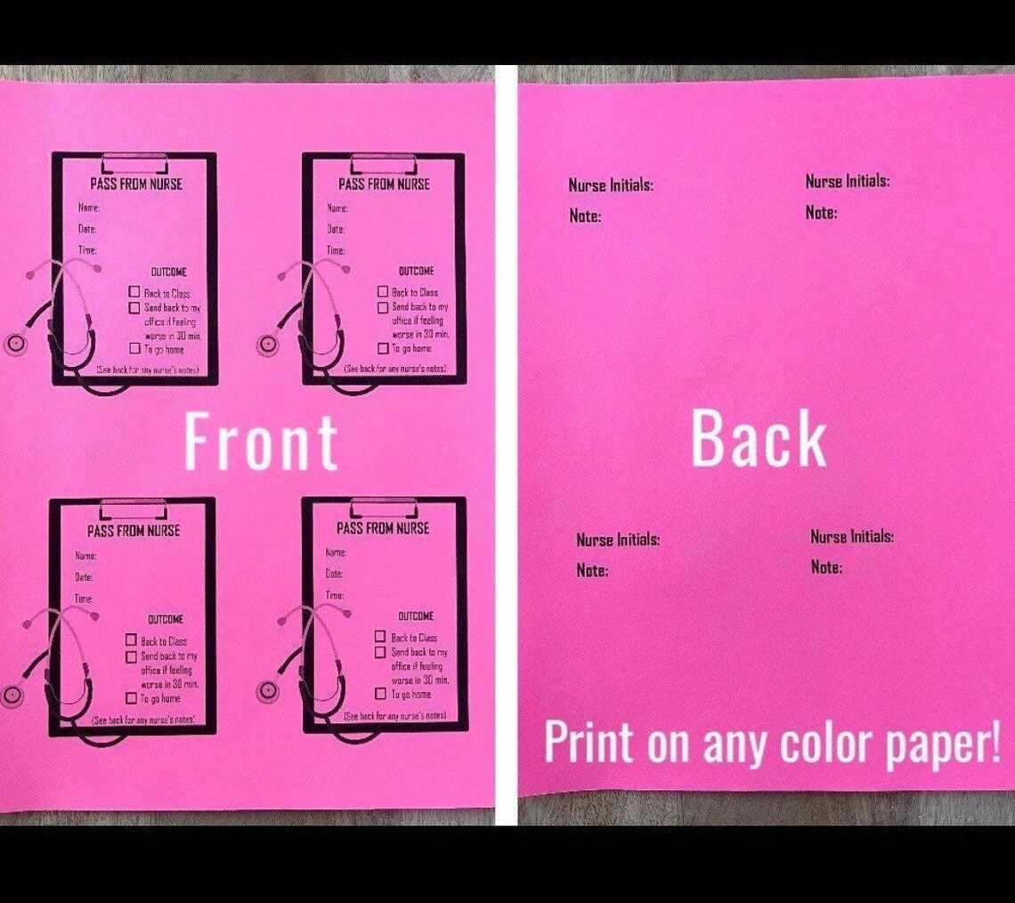 School Nurse / Health Office Pass | PDF Download | Pass FROM Nurse ...