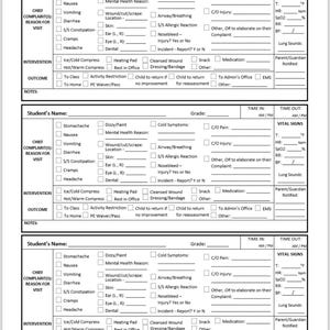 School Nurse / Health Office Visit Log Sheets — PDF Download ...