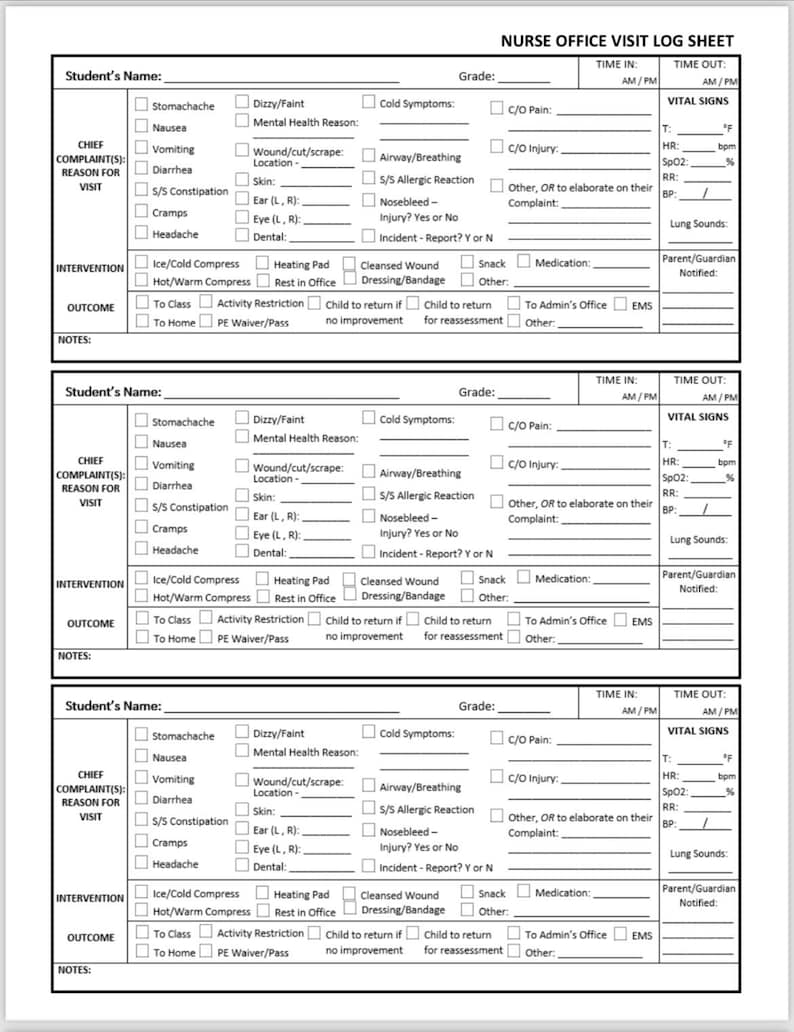 School Nurse / Health Office Visit Log Sheets — PDF Download ...
