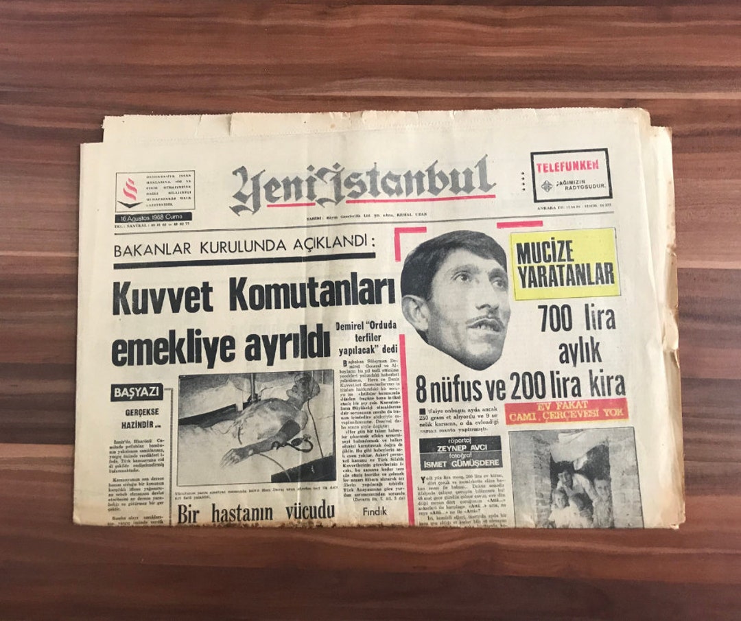 Turkish Old Newspaper, 1968, 16 August, Yeni İstanbul - Etsy