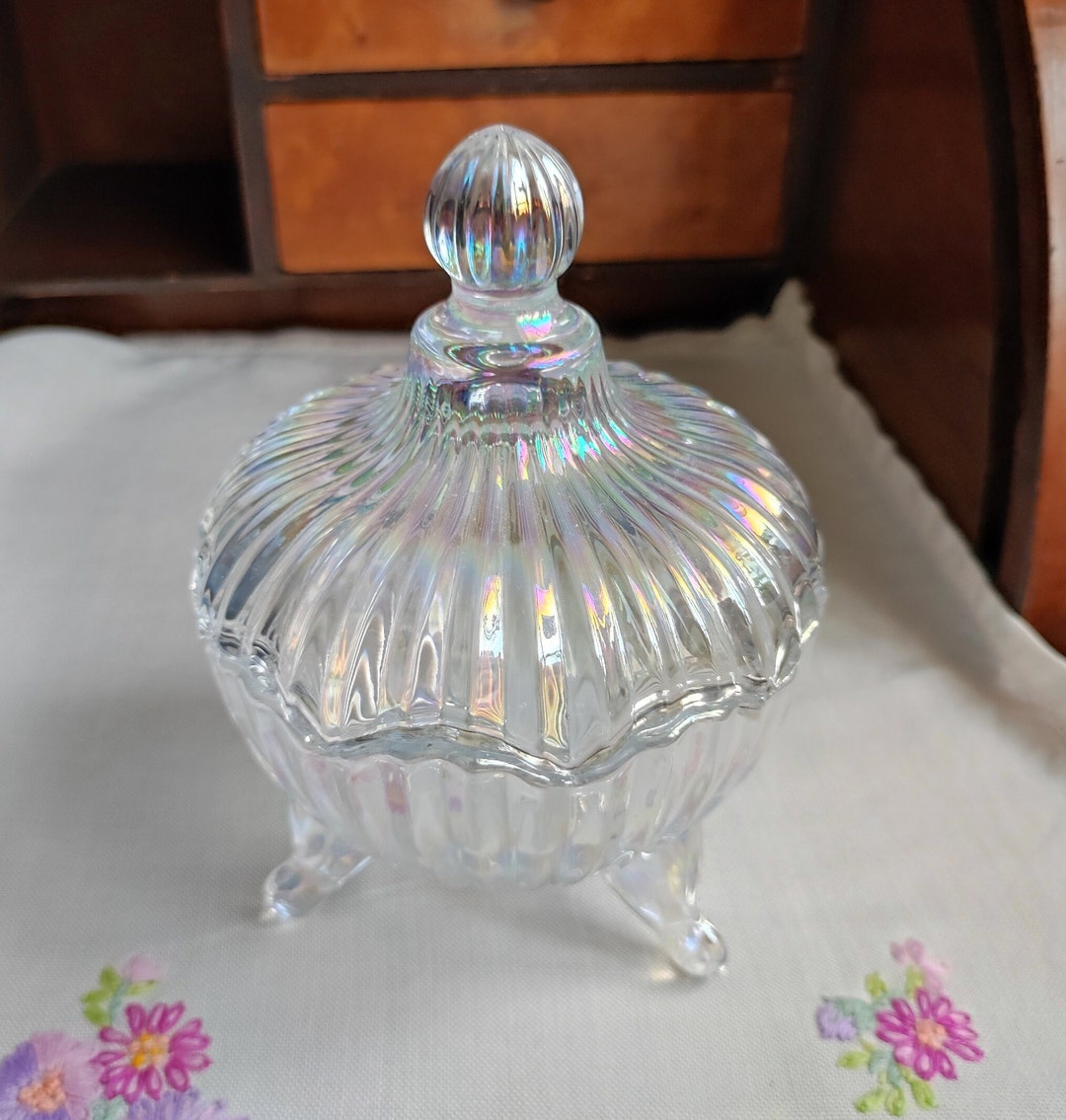 Ribbed Iridescent Glass Jar With Lid, Perfect for Storing a Variety of ...