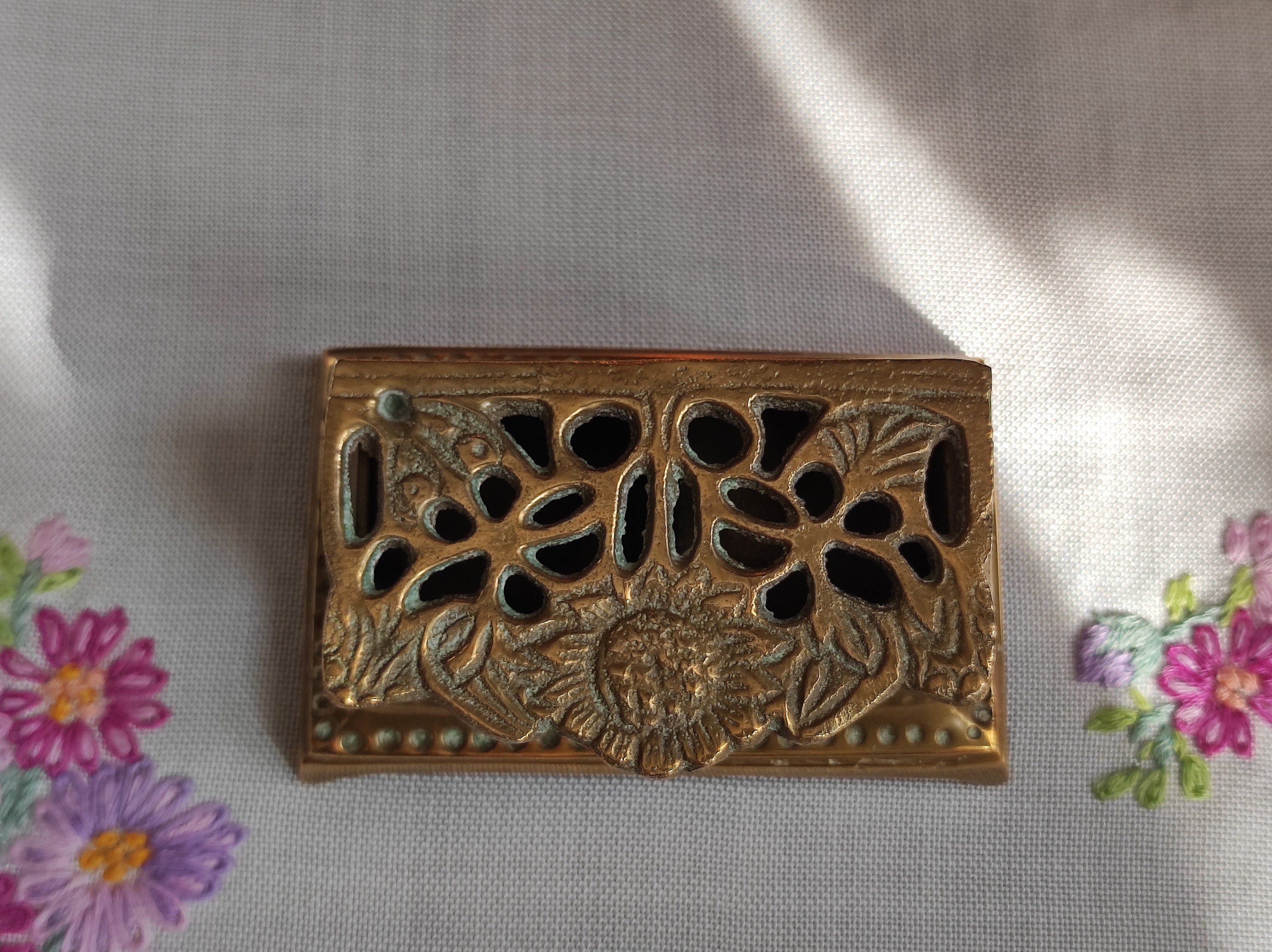 Antique Postage Brass Stamp Box With Sunflower Lid, Unique Desk Decor ...