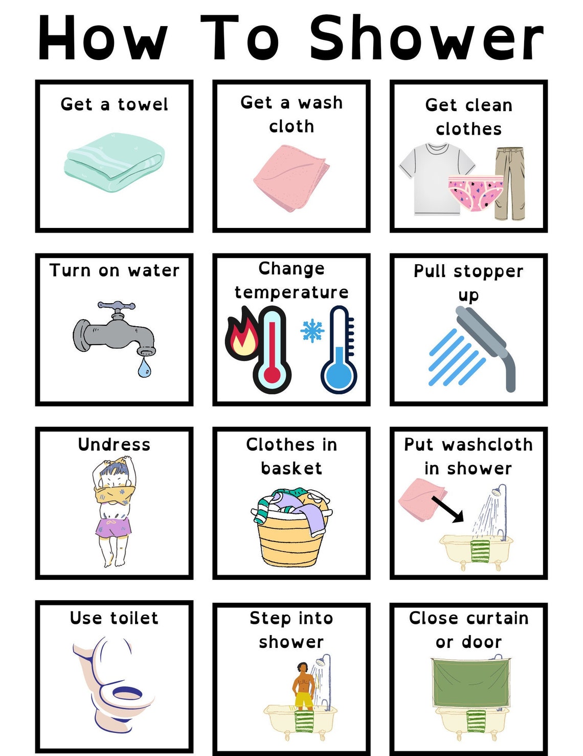 How To Shower Prompt Visual Schedule For Autism Lifeskills Pec Board Etsy
