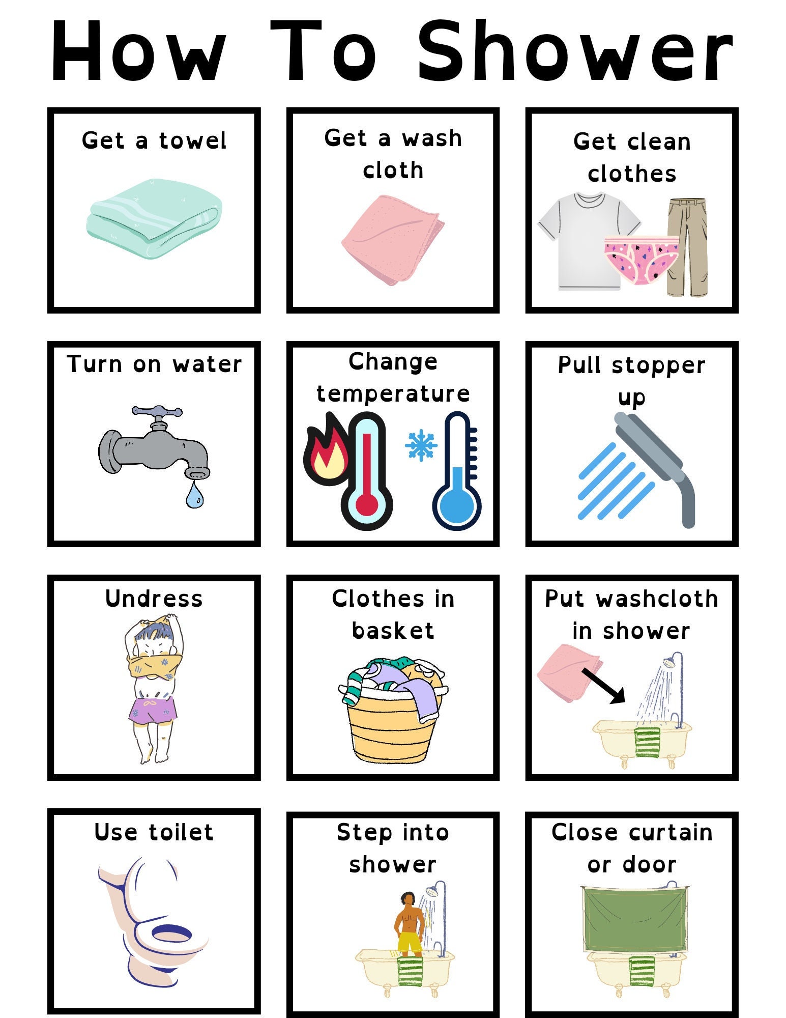 How To Shower Prompt Visual Schedule For Autism Lifeskills Pec Board Etsy
