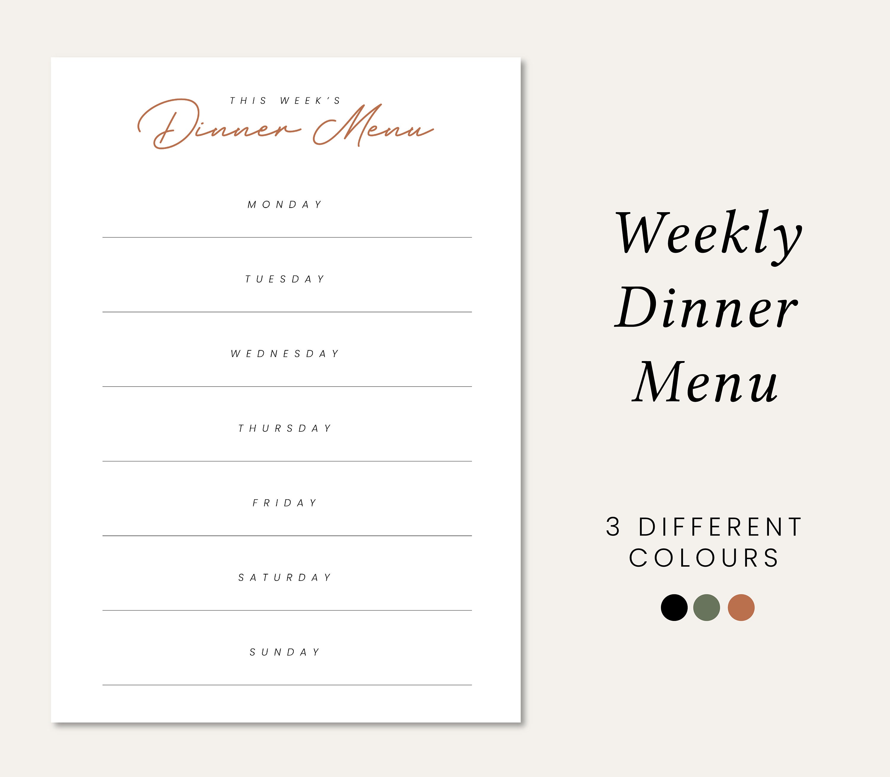 A4 Weekly Dinner Menu, Weekly Dinner Plan for Print, Weekly Dinner Menu ...