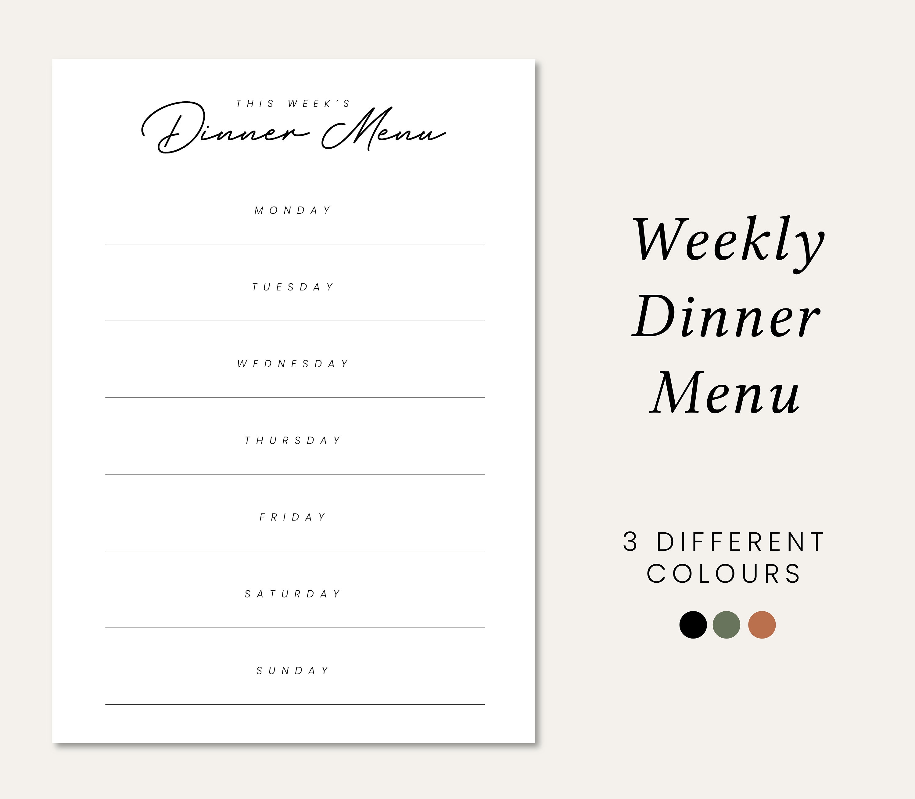 A4 Weekly Dinner Menu, Weekly Dinner Plan for Print, Weekly Dinner Menu ...