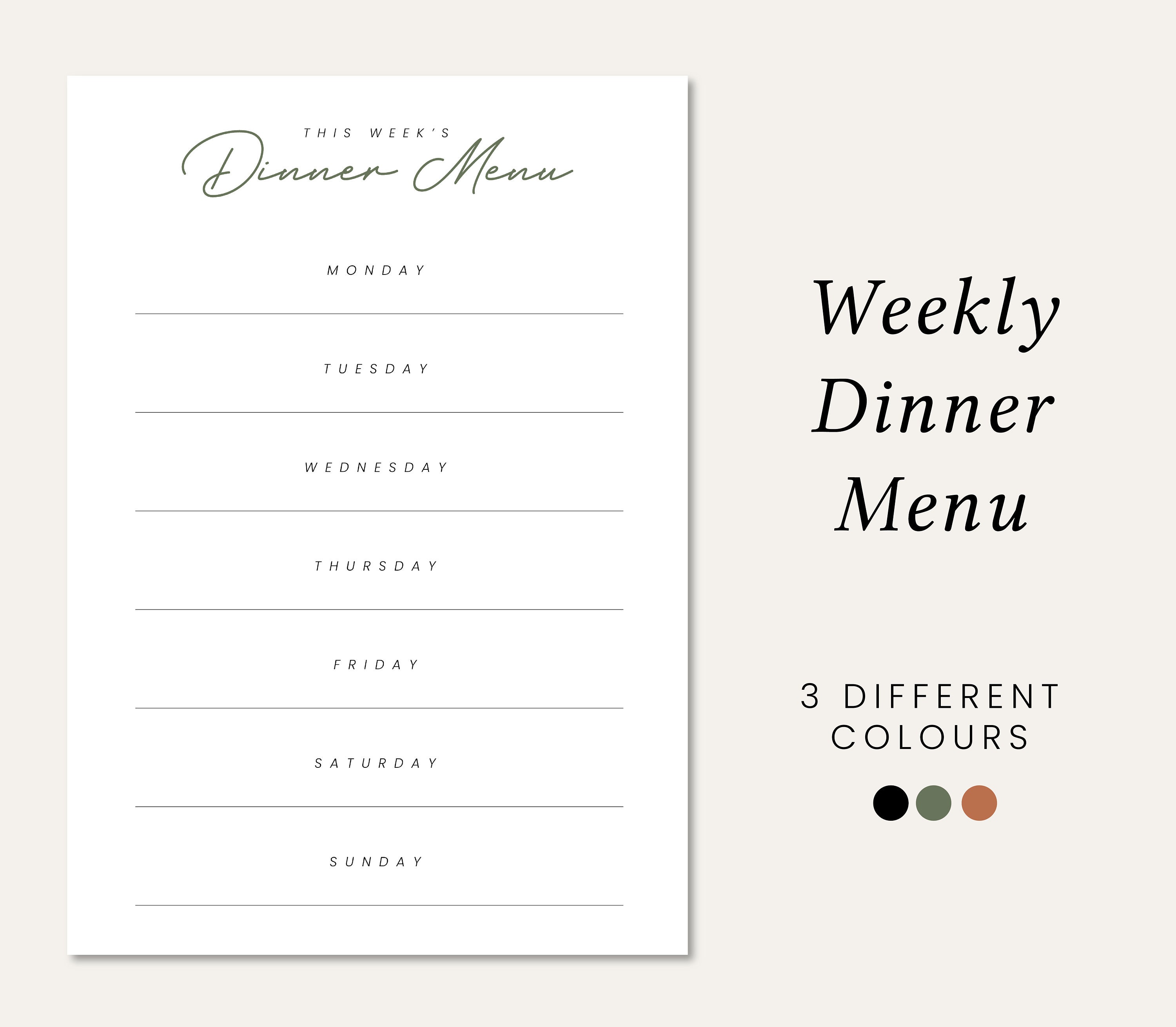 A4 Weekly Dinner Menu, Weekly Dinner Plan for Print, Weekly Dinner Menu ...