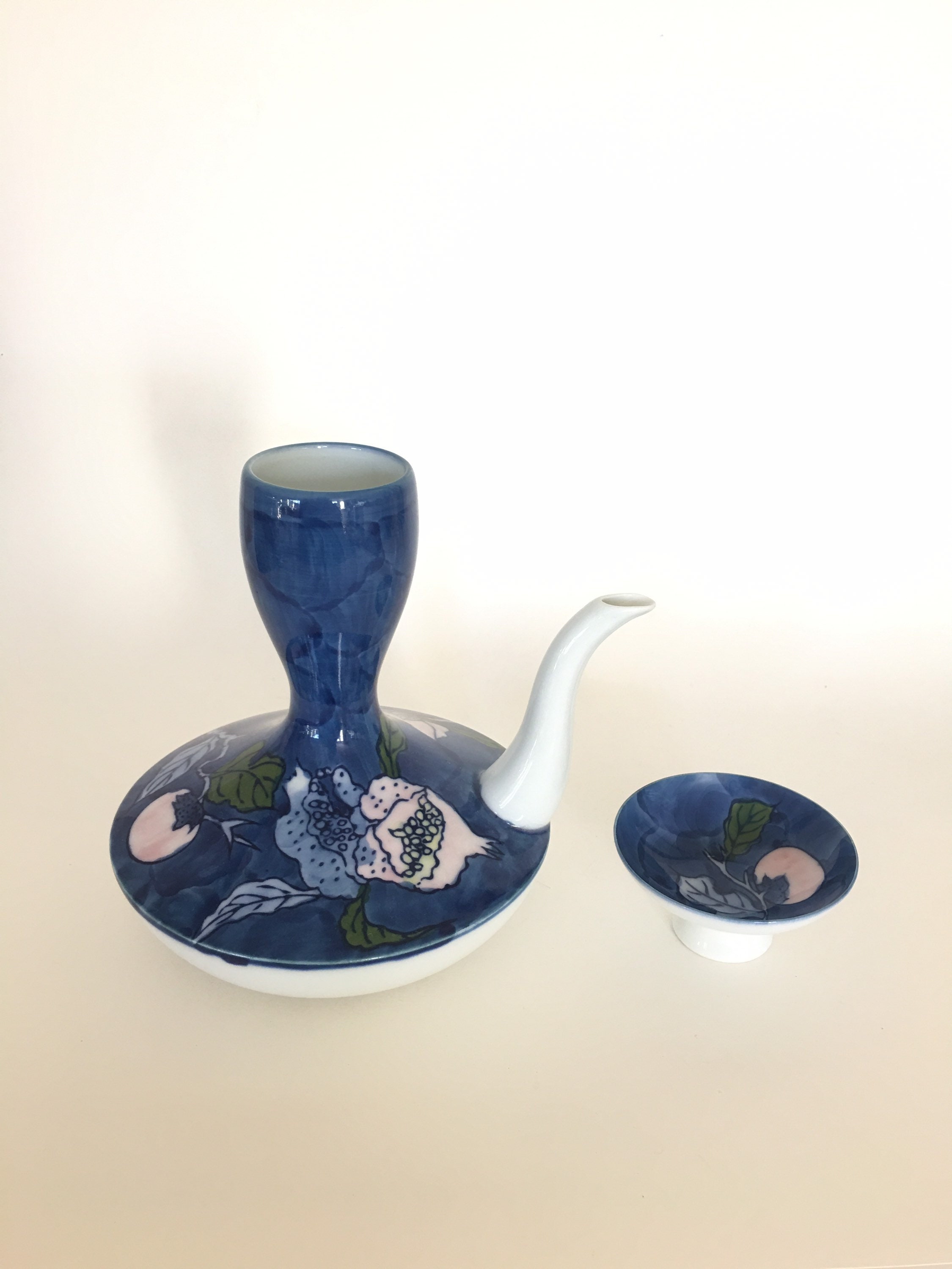 Vintage Japanese Blue, White , Pink Flower Porcelain Sake Bottle and ...