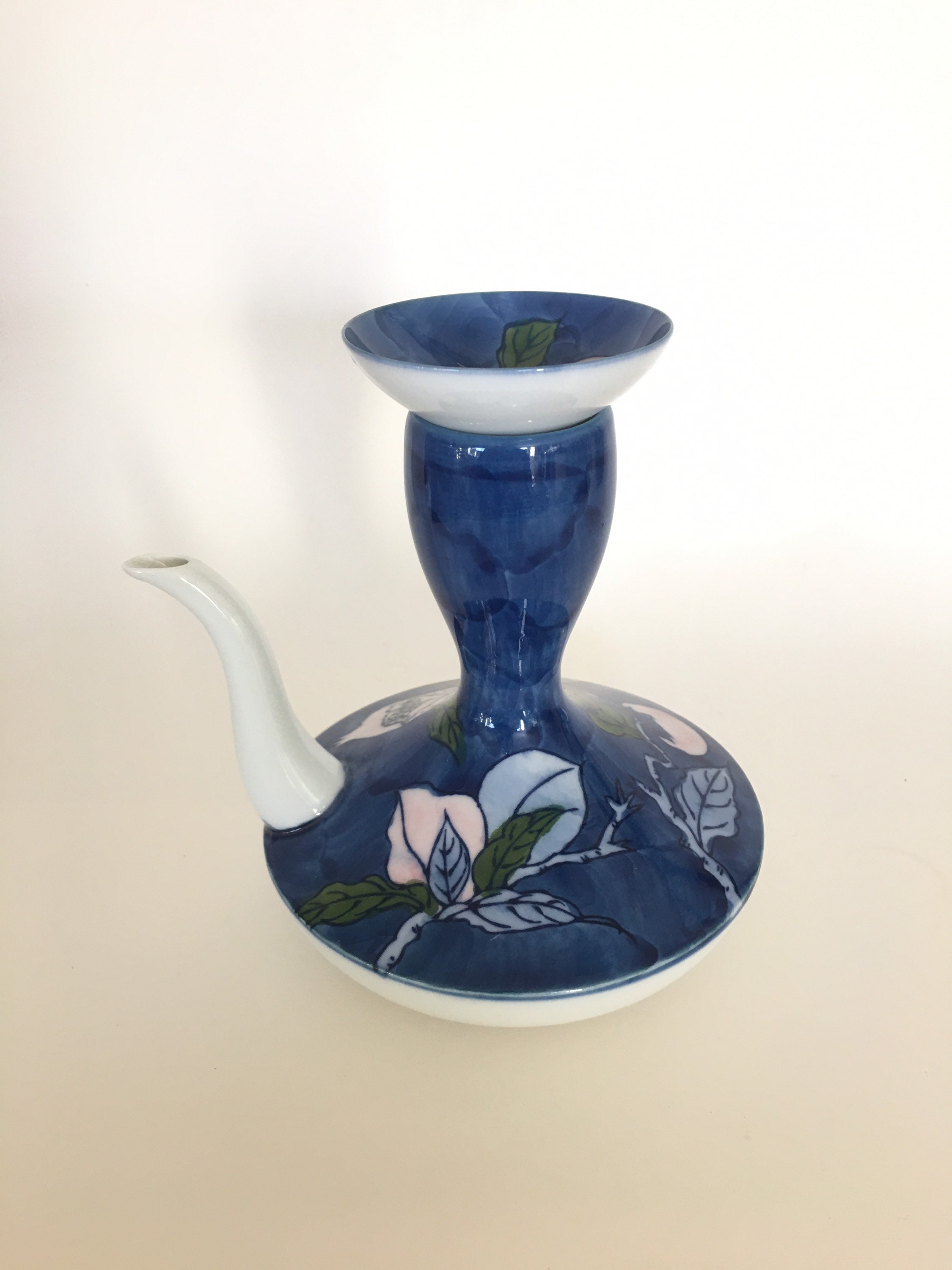 Vintage Japanese Blue, White , Pink Flower Porcelain Sake Bottle and ...