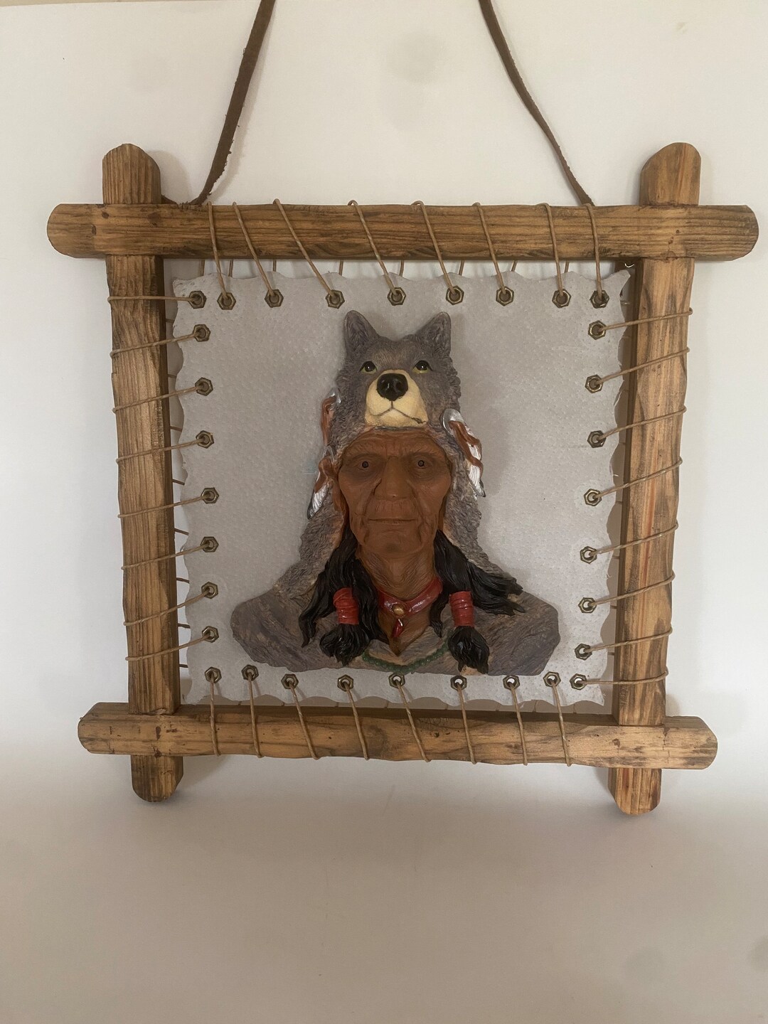 Native American Chief Wolf Head 3D Hanging Wall Art on Leather and ...