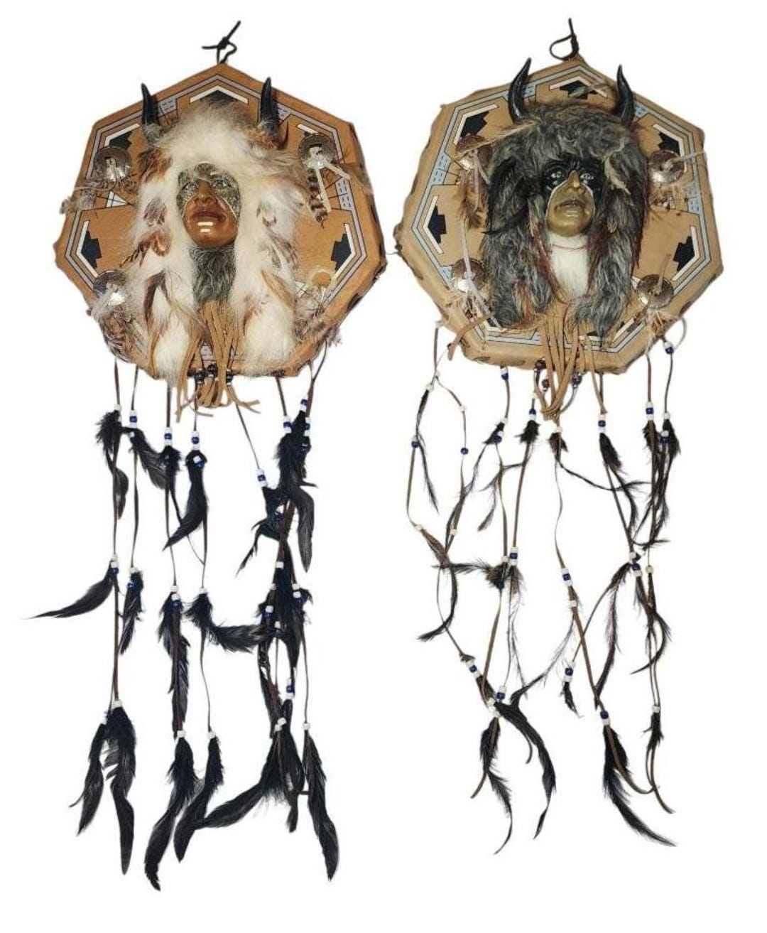 2 Native American Buffalo Hunter Spirit Warrior Mask Masks Wall Hanging ...