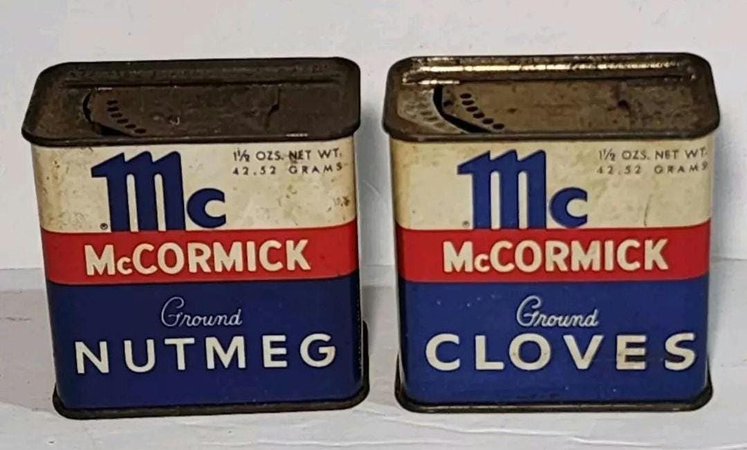 2 Vintage Old Metal Mccormick's Spice Cans Nutmeg Cloves 1 1/2 Oz ...