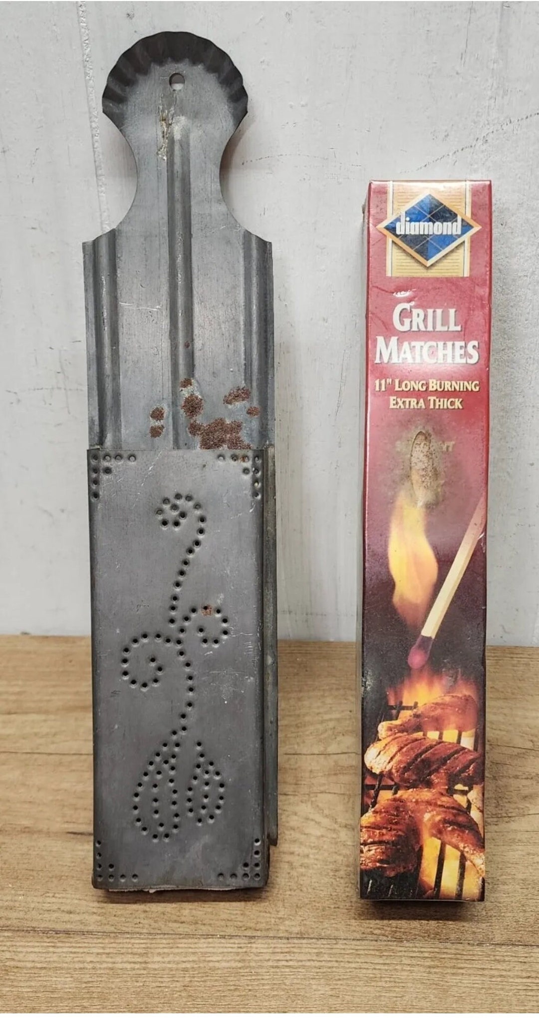 VTG Metal Tin Long Match Matchstick Holder Wall Mount Fireplace Kitchen ...