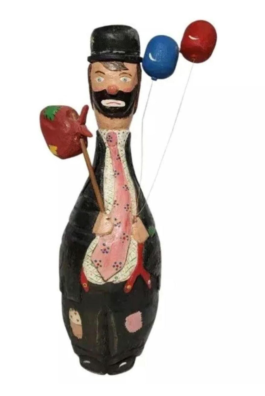 Vtg Large Carved Wood Hobo Clown Figurine Bowling Pin Folk Art Man ...