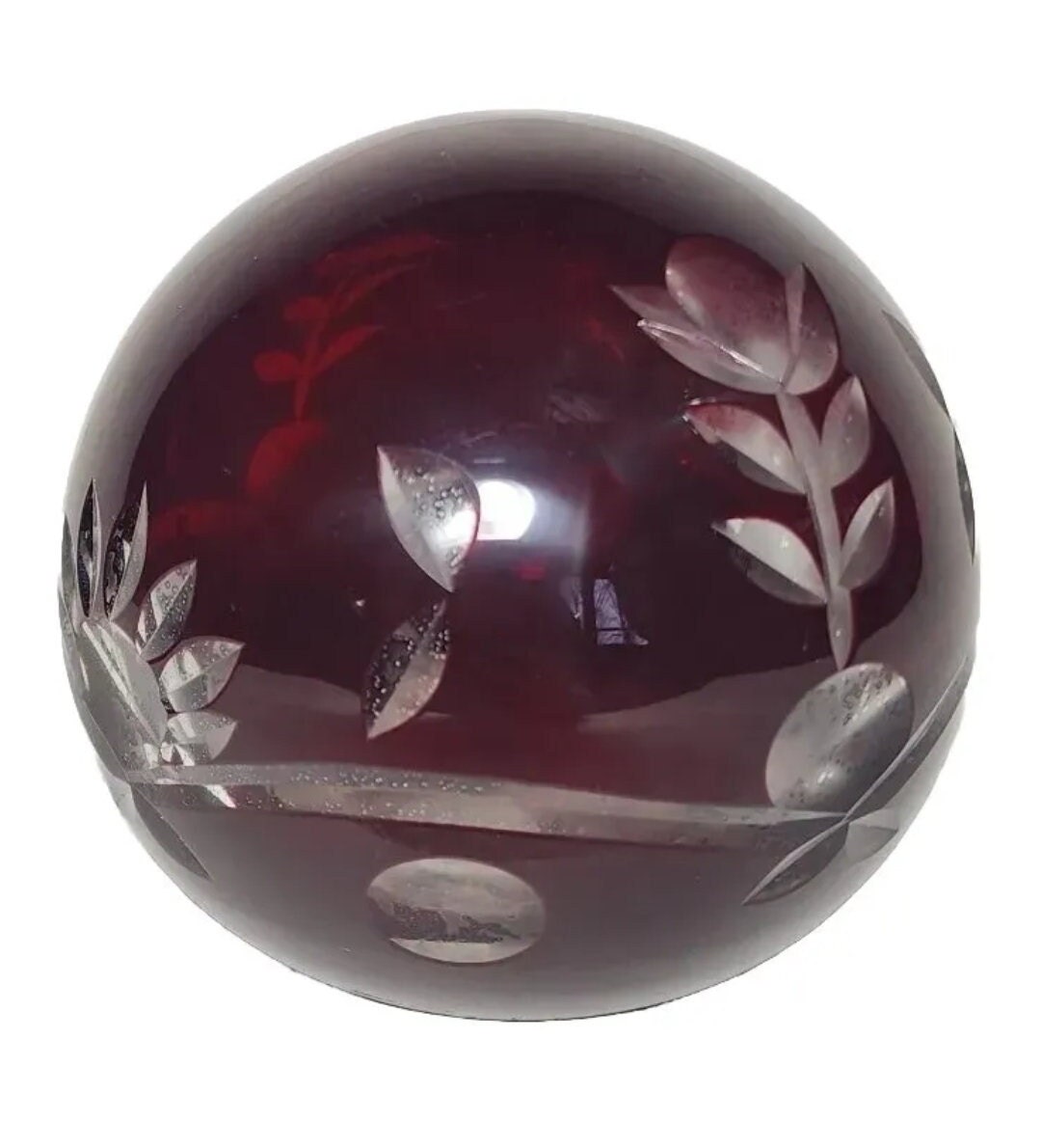 Vintage Glass Round DEEP RUBY Cut Orb Ball PAPERWEIGHT Decor Sunburst ...