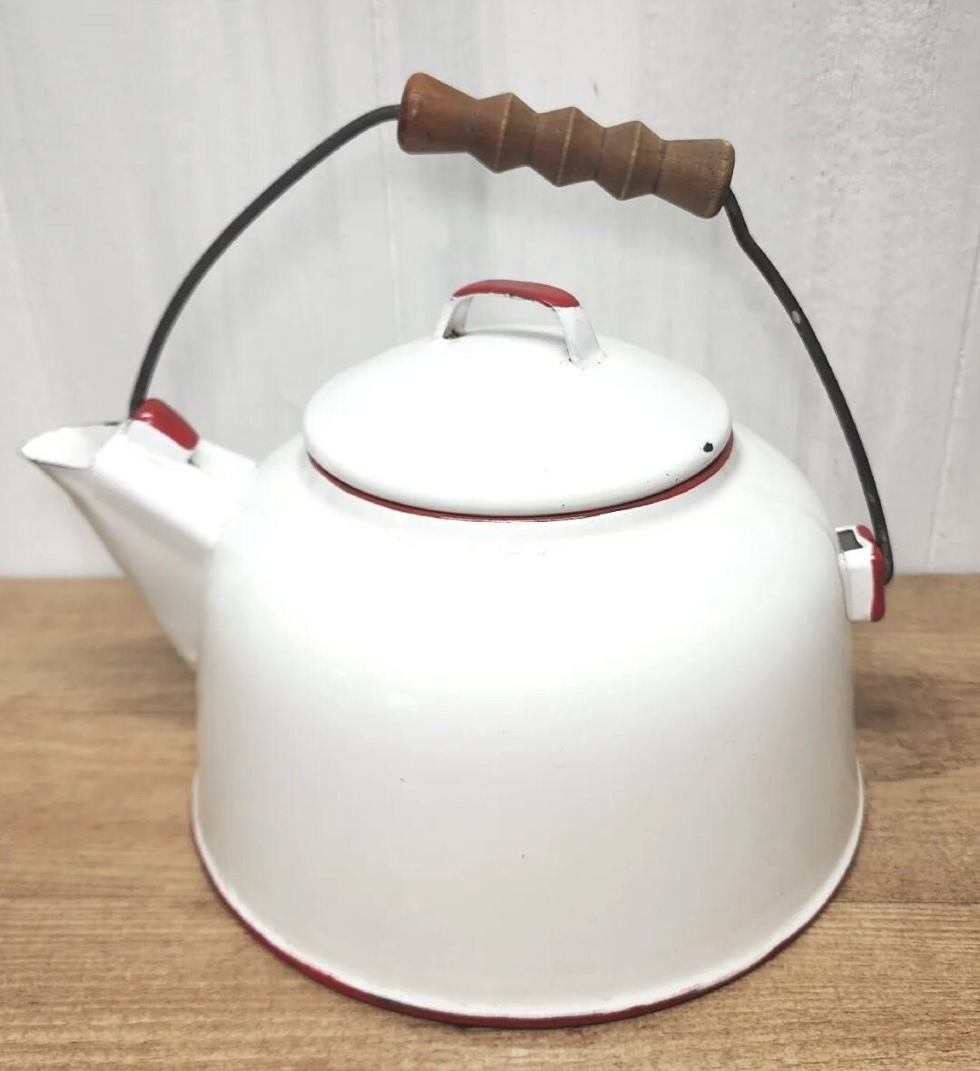 Vintage Large White & Red ENAMEL Metal TEAPOT Water KETTLE Wood Handle ...