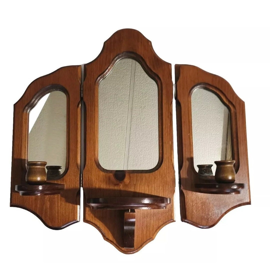 Vtg Large Wood Framed Hinged Mirror 3 Mirrors W Candle Holders Wall ...